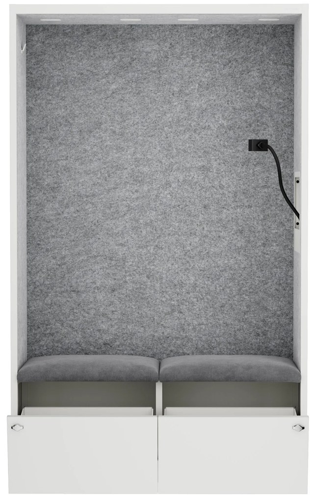 Kancelářská akustická kabina se sedátkem a USB-C portem, korpus bílý / sedák šedá, 1150 mm: SALLY MentalBox