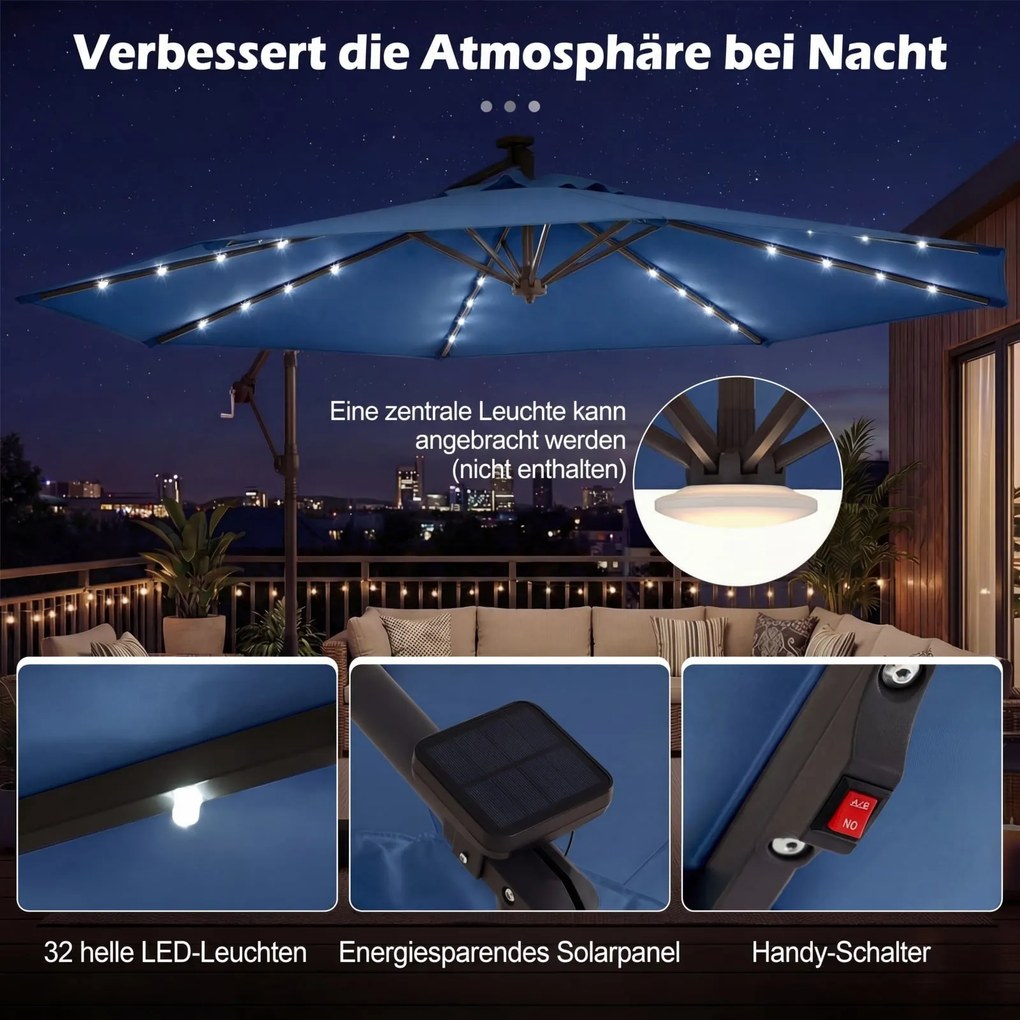 Costway Slunečník se stojanem a LED světly a klikou 360° otočný tmavě