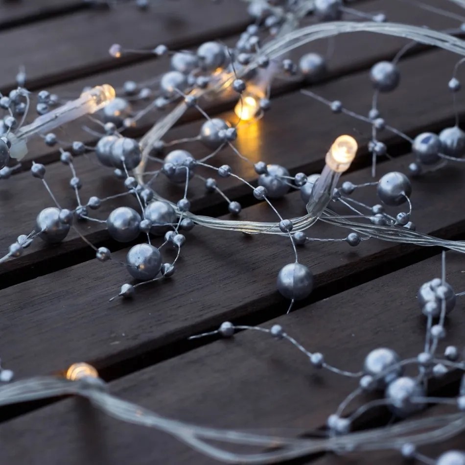 LED světýlka na baterie, perly stříbrné, 1,3 m, teple bílá, 10 diod, čirý kabel, IP20 interiér, 2 × AA