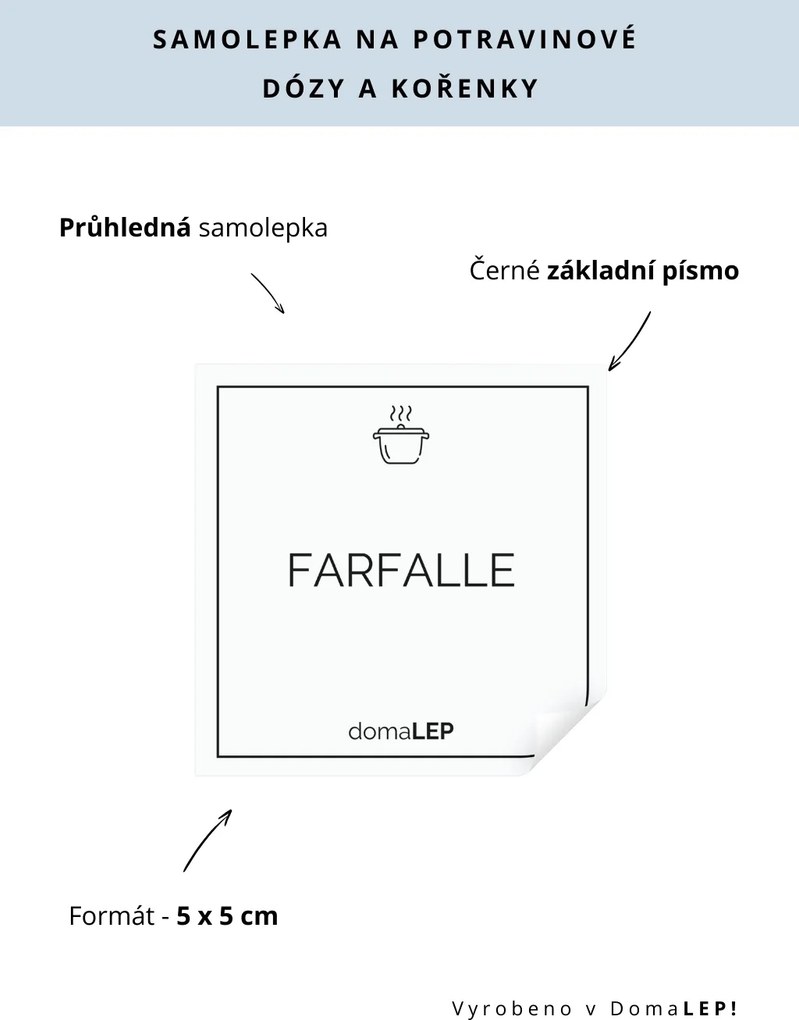 FARFALLE  – průhledná samolepka na dózu, základní písmo, 5 x 5 cm | DomaLEP