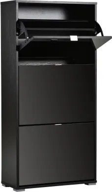HOMCOM Skříň na boty, botníková police se 3 skládacími dveřmi, 3 přihrádky, dřevěná, 60Š x 26H x 124V cm, lesklá černá