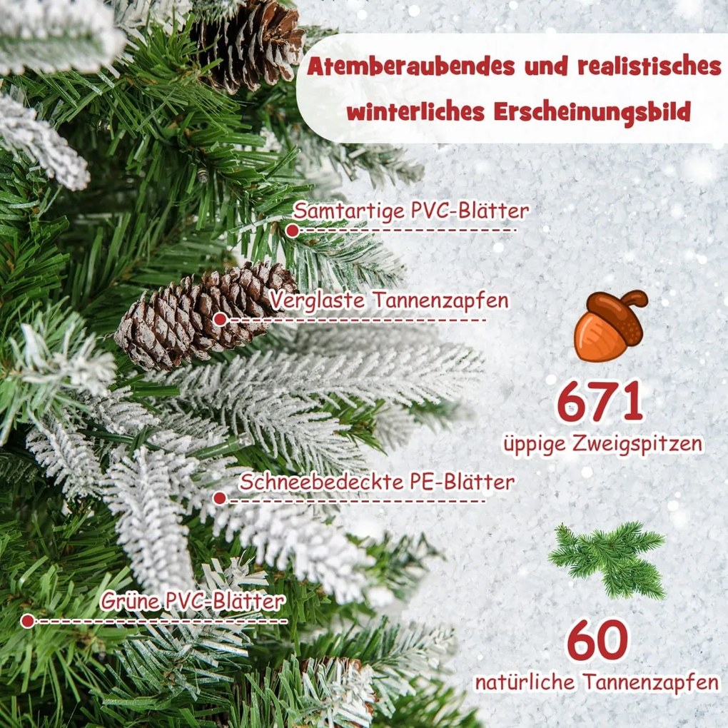 Costway 190 cm Umělý vánoční stromeček se světly a sněhem Umělý vánoční stromek