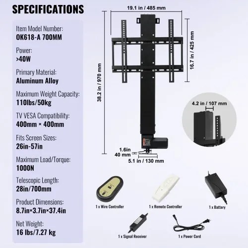 Motorizovaný TV zdvih Délka zdvihu 71,1 cm