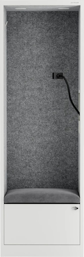 Kancelářská akustická kabina se sedátkem a USB-C portem, korpus bílý / sedák šedá, 600 mm: SALLY MentalBox