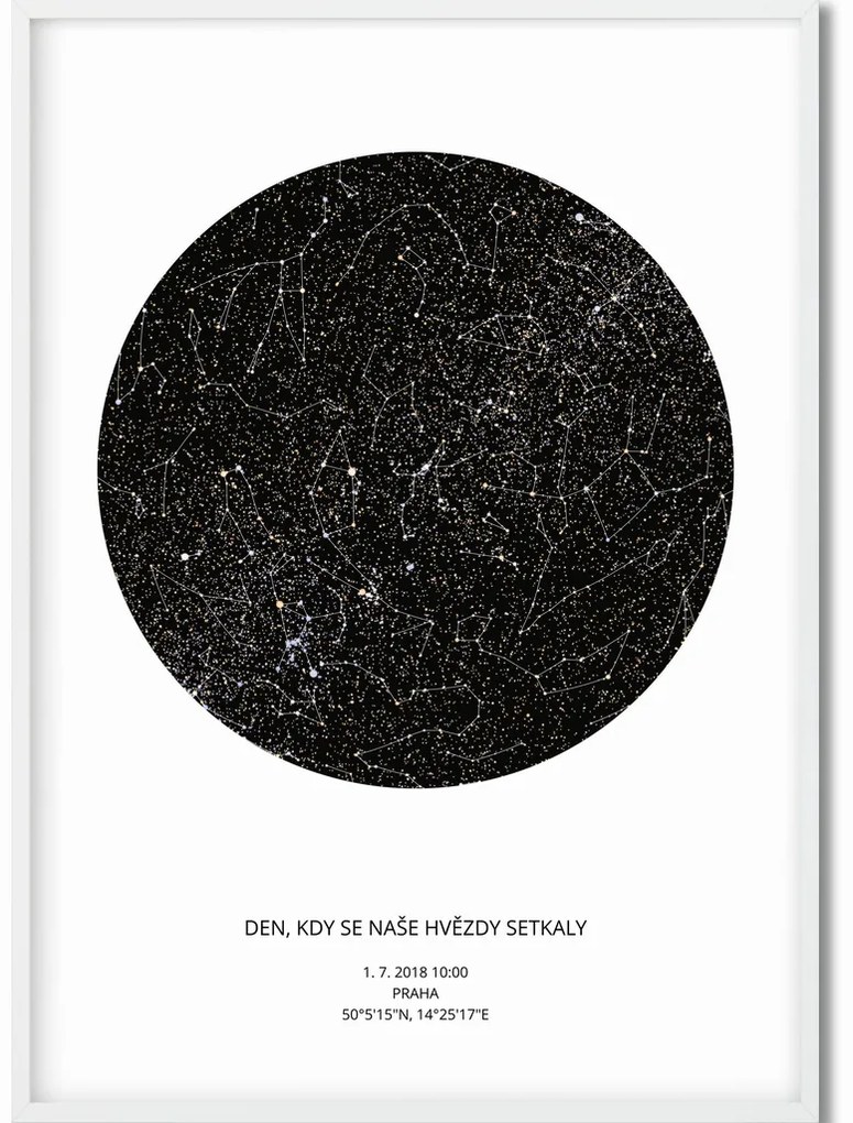 Hvězdná mapa Vašeho životního okamžiku Rozměr plakátu: 30 x 40 cm, Barva pozadí: Bílá, Volba rámu: Lípa dřevěný rám