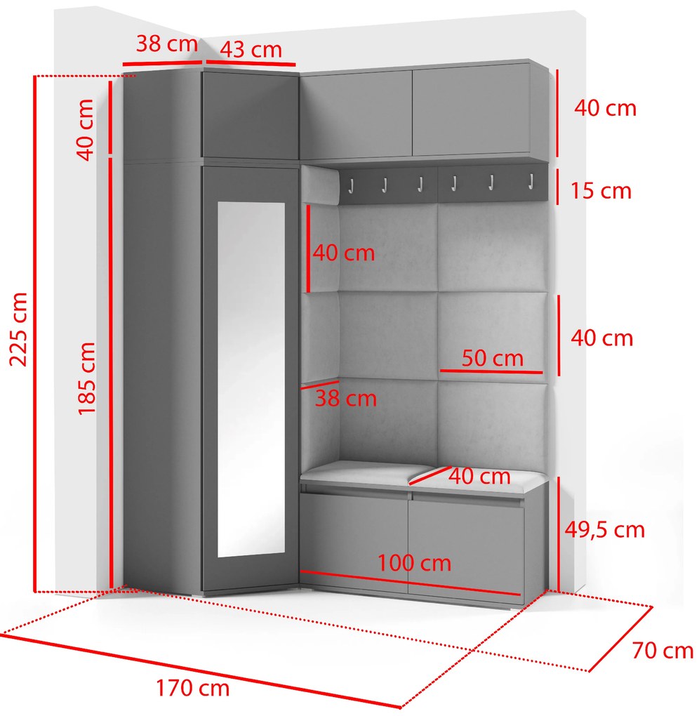 Eka Předsíňová stěna s čalouněnými panely Trinity 38 - Grafit / Hnědá 2307