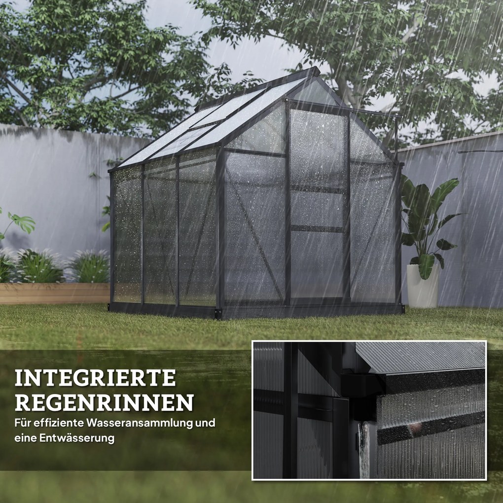 Zahradní skleník Outsunny z polykarbonátu 3,65 m² hliníkový skleník pro zahradu 190 x 192 x 201 cm odolný vůči UV záření, se zpevněným základem, okap…