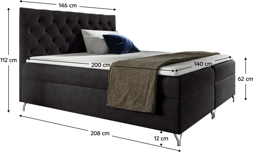 Boxspringová postel, 140x200, černá látka Velvet, GULIETTE + dárek