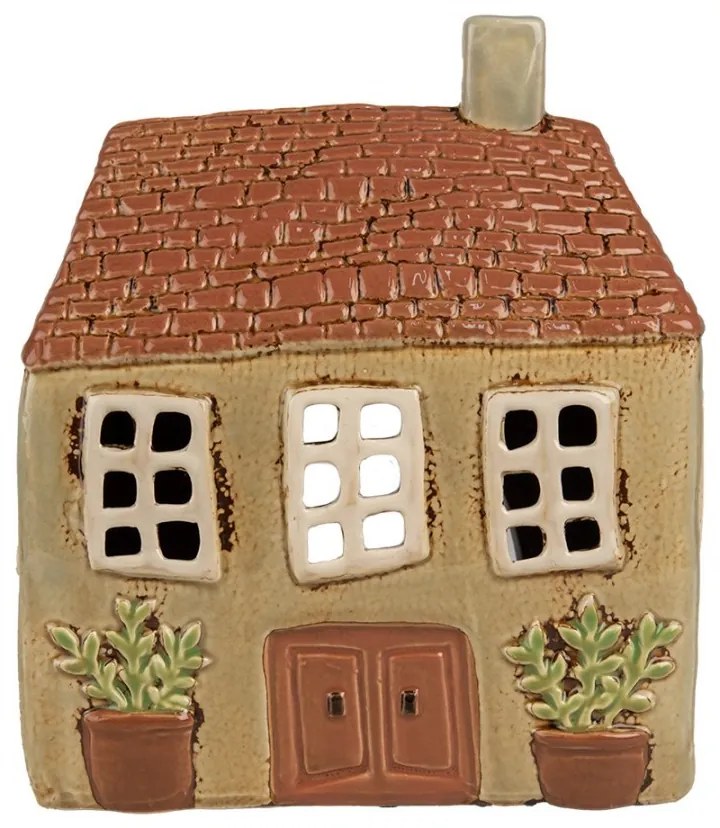 Hnědý keramický svícen na čajovou svíčku domek Amster Village - 17*10*19 cm