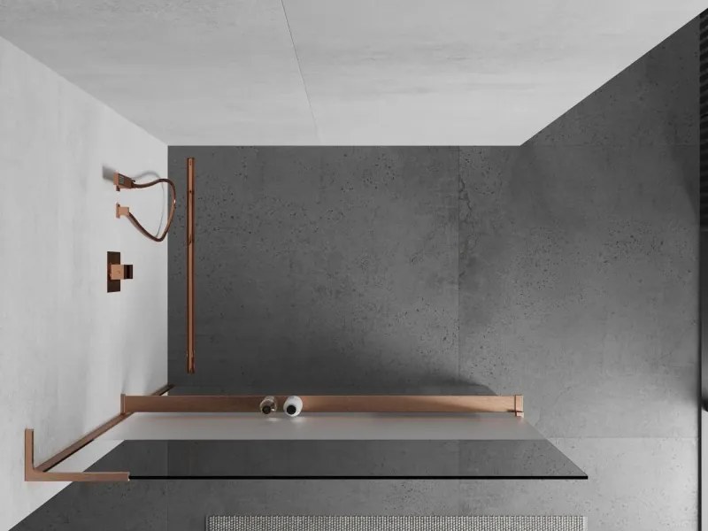 Mexen Kioto+ L, sprchová zástěna Walk-In s poličkou a věšákem 90 x 200 cm, 8mm čiré sklo-námraza, měděný matný profil, 800-090-123-65-35