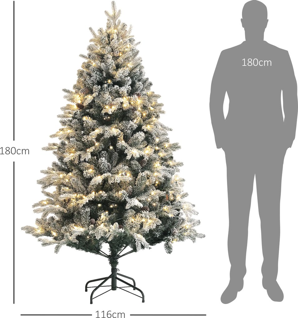 HOMCOM Umělý vánoční stromek, 180 cm, LED světla, pokrytý sněhem, nehořlavý, kov