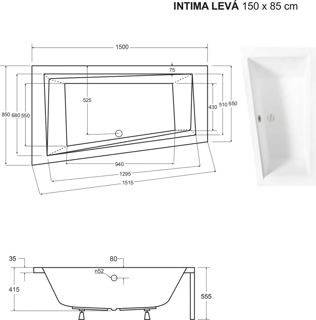 Besco Intima asymetrická vana 150 x 85 cm levá akrylát bílá VANINTI15L