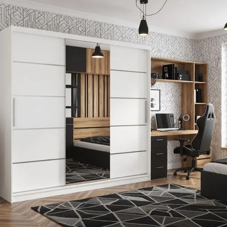 Šatní skříň 232 cm Belini bílý mat s posuvnými dveřmi zrcadlem a zásuvkami MBP SZP8/0/1W/2W1L/0/KLAL