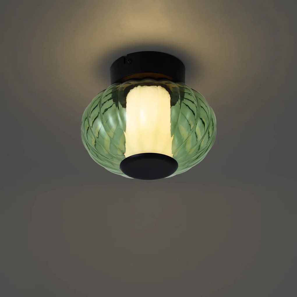 Designové stropní svítidlo černé 18cm se zeleným sklem vč. 3-stupňové stmívatelné LED - Margherite