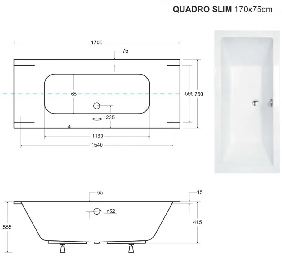 BESCO Obdélníková vana QUADRO SLIM Nožičky k vaně - S nožičkami, Rozměr vany - 170 × 75 cm VANQAUD170SLIM+OLVPINOZ