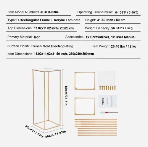 10KS 80 cm vysoký svatební stojan na květiny, s akrylovým laminátem