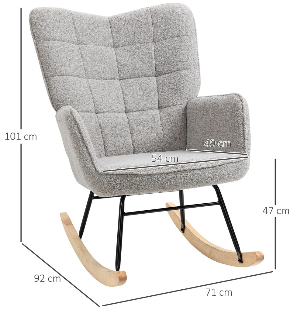 HOMCOM Houpací křeslo Akcentní křeslo do obývacího pokoje Relaxační křeslo, nosnost do 120 kg, berberské rouno, světle šedá 71 x 92 x 101 cm