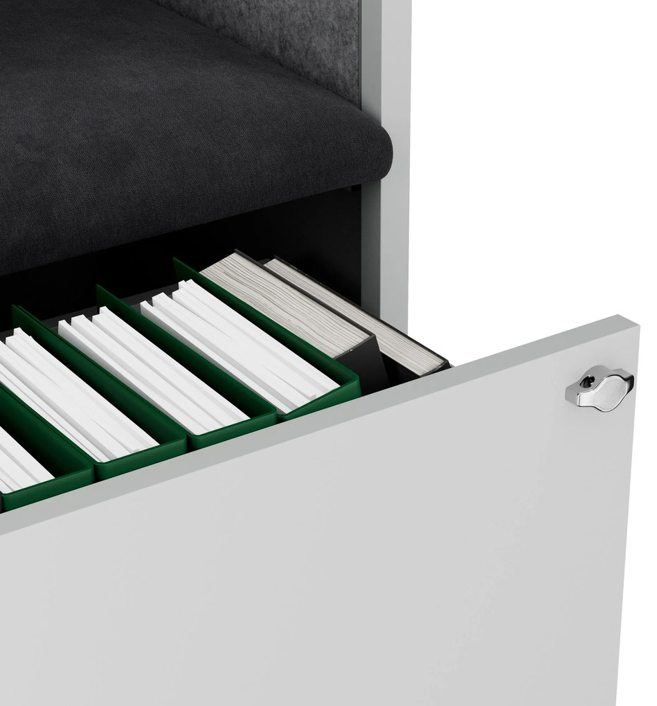 Kancelářská akustická kabina se sedátkem a USB-C portem, korpus šedý / sedák tmavě šedá, 1150 mm: SALLY MentalBox
