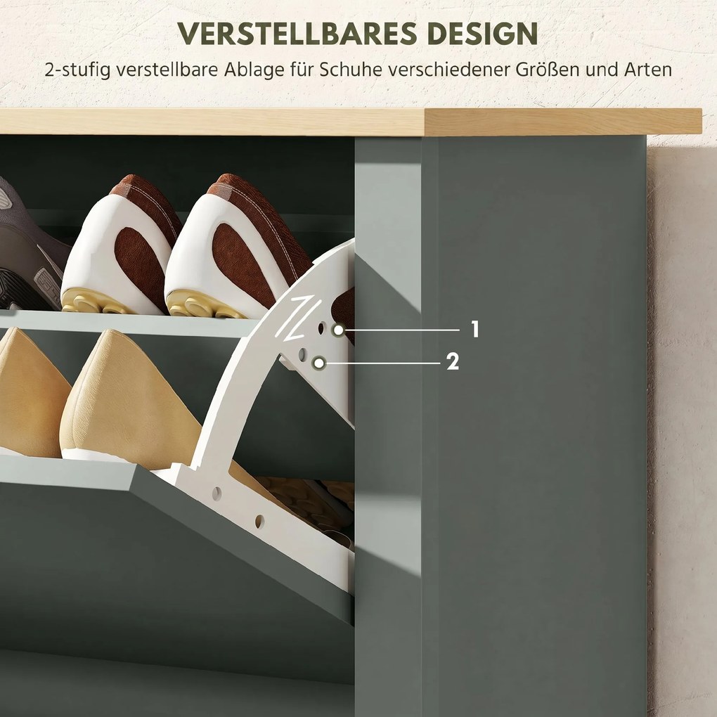 HOMCOM Botník se 2 sklápěcími přihrádkami, nastavitelná přepážka pro 8-12 párů bot, 72 x 26 x 80 cm, světle šedý