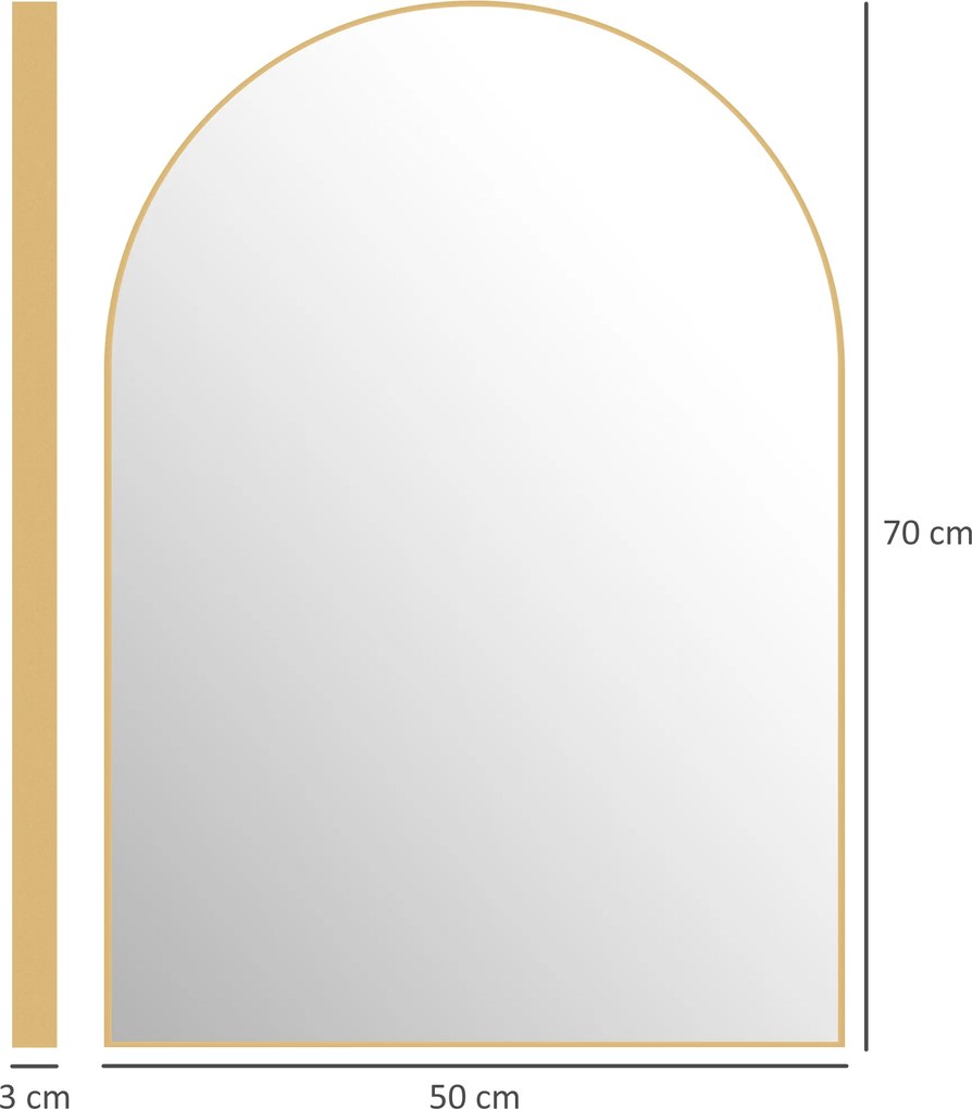 HOMCOM Obloukové zrcadlo na stěnu, koupelnové zrcadlo, 50 x 70 cm, vysoké rozlišení, s hliníkovým rámem, pro ložnici, obývací pokoj, předsíň, zlaté