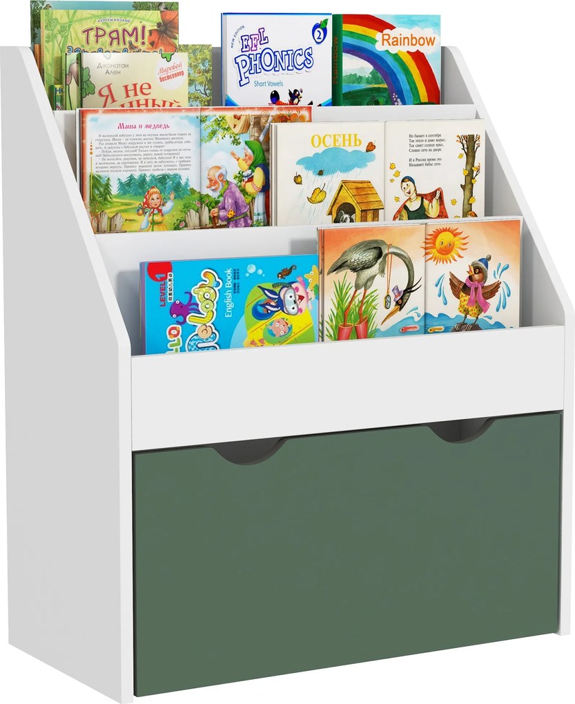 Dětská knihovnička AIYAPLAY s hračkami a úložným prostory, víceúrovňová s 3 policemi a šuplíkem, 62,5L x 30Š x 70V cm, Zelená