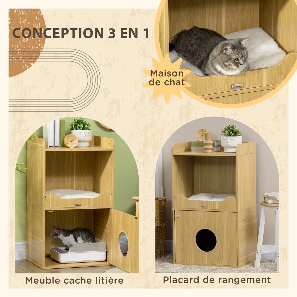 PawHut Kočičí záchodová skříňka, kabinet na kočičí záchod, 3 úrovně, oddělení uzavřené dveřmi, 1 polštář, 60 x 45 x 103 cm