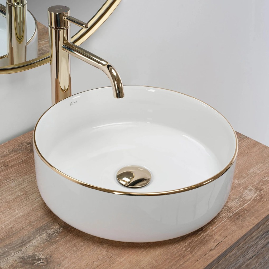 Rea Sami Gold Edge, umyvadlo na desku 36x36 cm, bílá-zlatá, REA-U6758