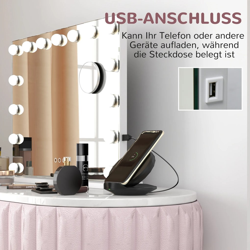 HOMCOM Hollywoodské zrcadlo s osvětlením 58x48cm 15 LED 3 světelné režimy 10x zvětšení přenosný dotykový spínač USB nabíjecí port bílý |