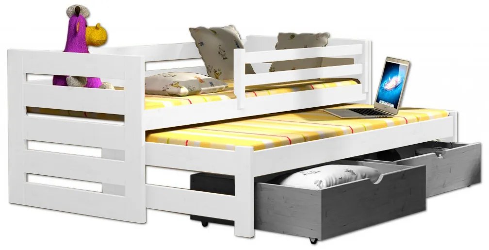 Dětská postel s přistýlkou MONIKA vč. roštů, úložných prostor a matrací Rozměr: 200x90, Barva: Bílá