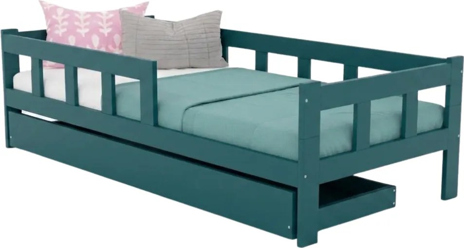 Benlemi Dřevěná jednolůžková postel FENCE 4v1 se zábranou a úložným šuplíkem Zvolte barvu: Pastelově růžová, Zvolte rozměr: 140x200 cm, Zvolte zábranu: S jednou zábranou vpravo
