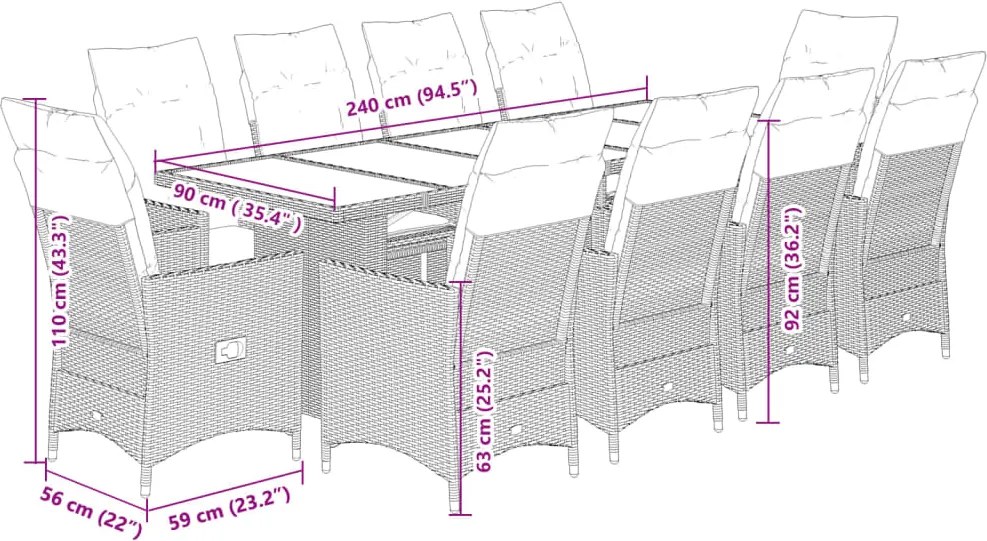11dílný zahradní bistro set s poduškami černý polyratan 3277232