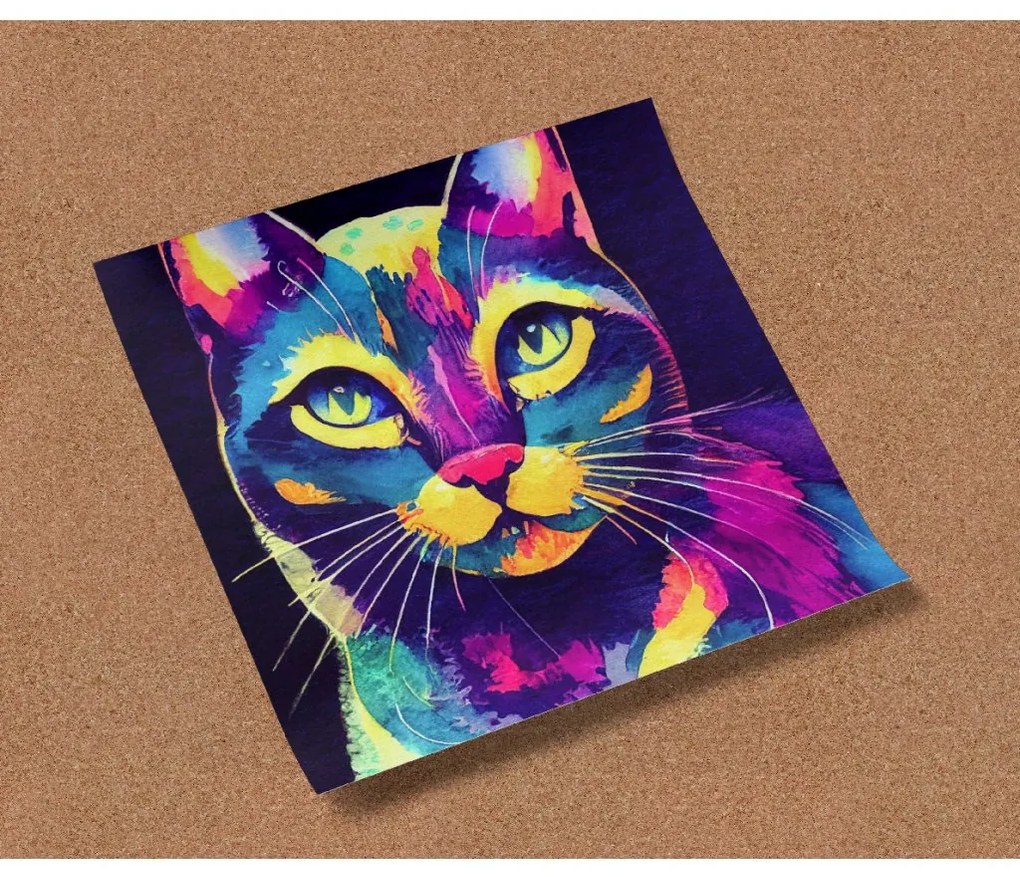 Plakát - Pestrobarevná kočka (Watercolor neon cat) FeelHappy.cz Velikost plakátu: 100 x 100 cm