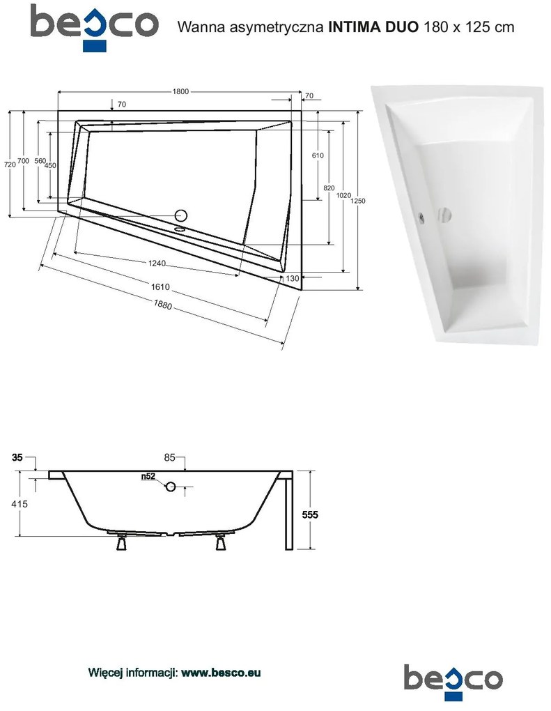 BESCO Asymetrická vana INTIMA DUO Nožičky k vaně - S nožičkami, Rozměr vany - 180 × 125 cm, Způsob provedení - Levé - VANINTID18L+OLVPINOZSTELID