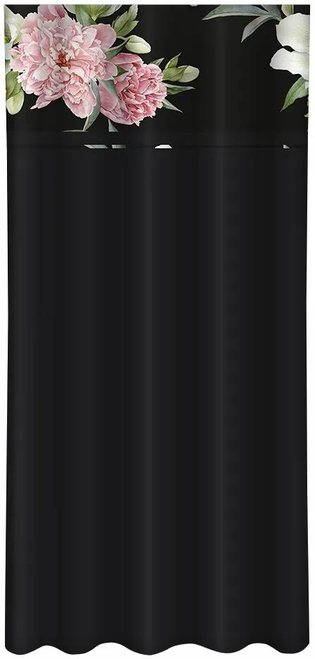 Jednoduchý černý závěs s potiskem růžových a bílých pivoněk Šířka: 160 cm | Délka: 250 cm