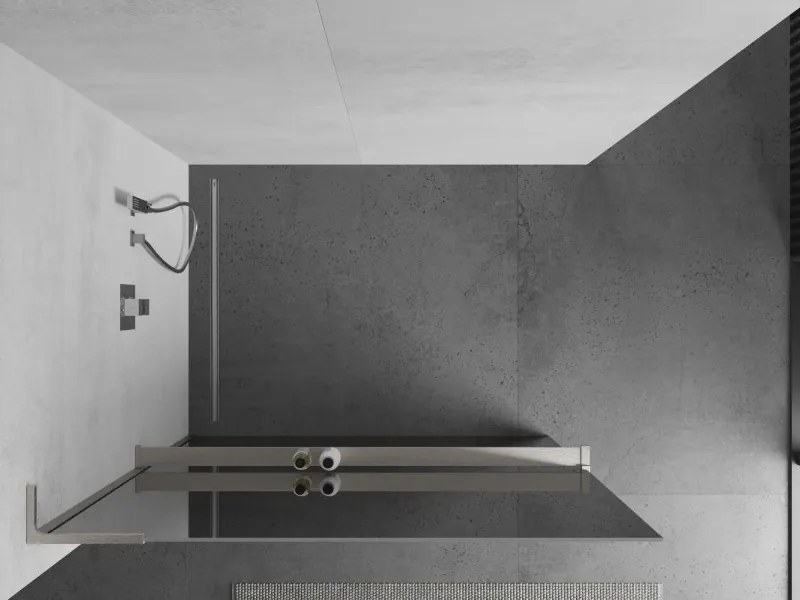 Mexen Kioto+ L, sprchová zástěna Walk-In s poličkou a věšákem 120 x 200 cm, 8mm sklo vzor zrcadlo, broušená ocel profil, 800-120-123-97-50
