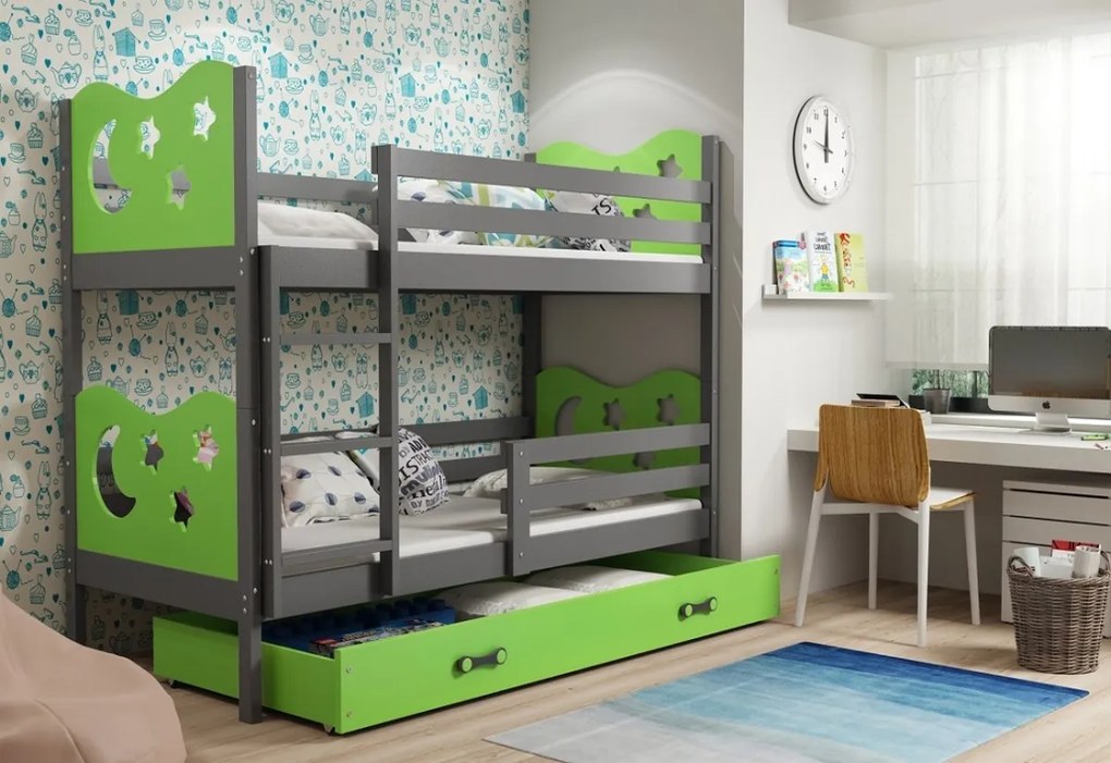Patrová postel KAMIL 2 + úložný prostor + matrace + rošt ZDARMA, 80x160, grafit, zelená