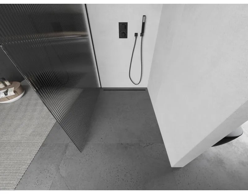 Mexen Kioto L, sprchová zástěna Walk-In 100 x 200 cm, 8mm sklo s žebrovým vzorem, černý profil, 800-100-103-70-09