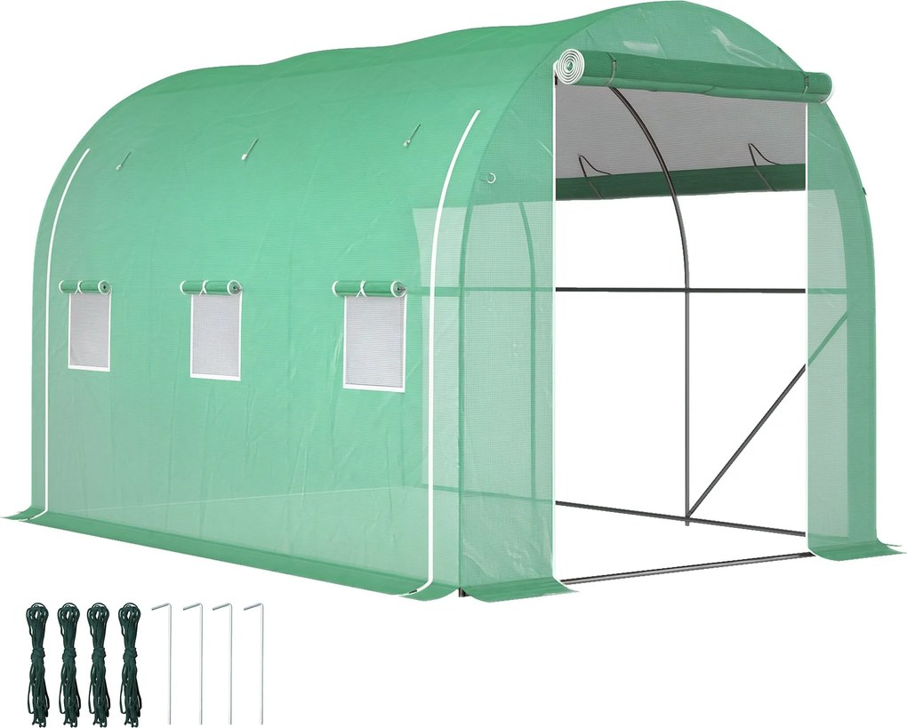 Zahradní skleník Outsunny 6m² 3 x 2m s 1 dveřmi + 2 rolovacími zipovými postranními panely, 6 okny, pozinkovaná ocel, vysoká hustota 140 g/m² Anti-UV…