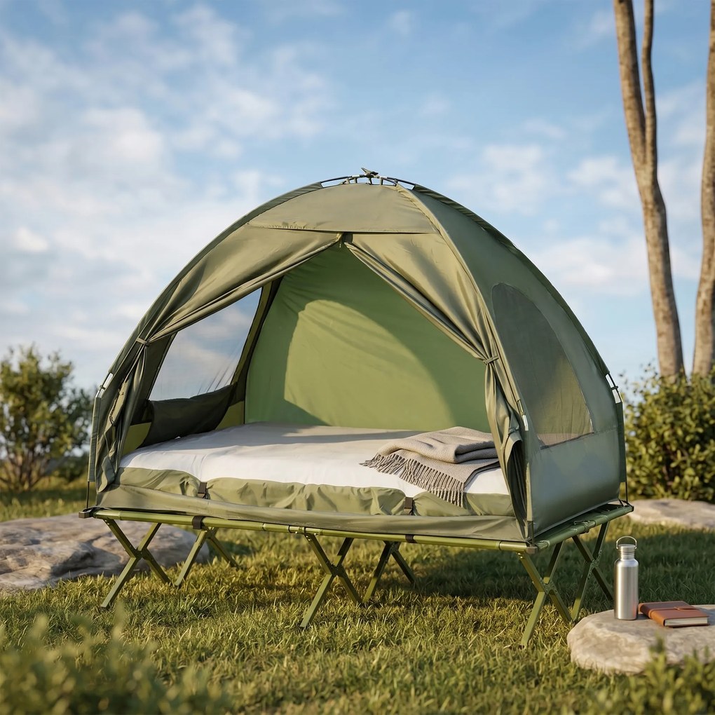 Campingzelt-Set für 2 Personen mit Feldbett und Luftmatratze Grün