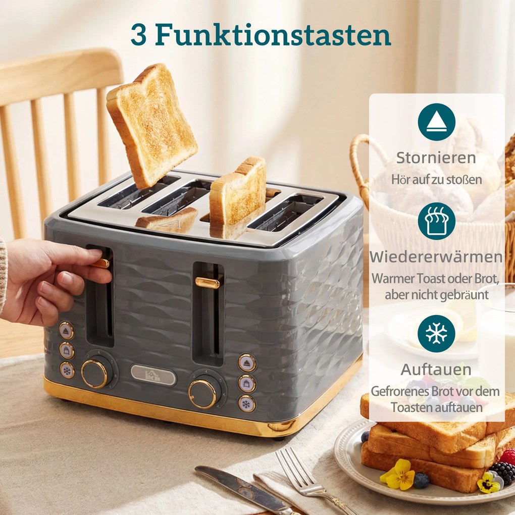HOMCOM Toustovač pro 4 plátky se 7 stupni opékání, vysoké vyjmutí, funkce ohřívání/rozmrazování/zrušení, šedý vlnitý vzhled