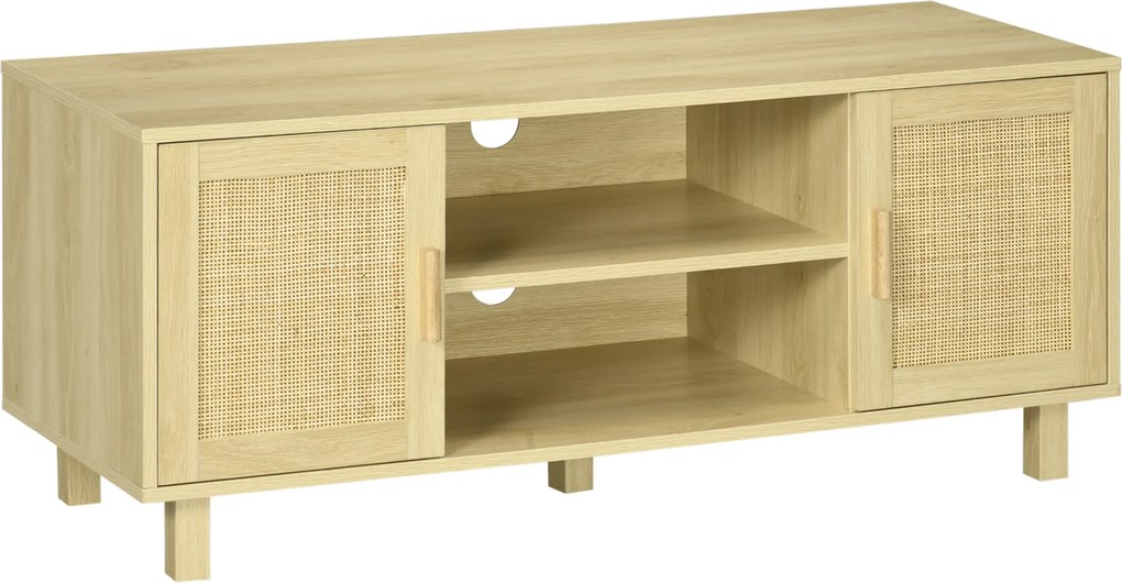 HOMCOM TV Stánek s Věšákem - 2 Přihrádky, 2 Skříně s Ratanovými Dveřmi, 115 x 40 x 48 cm, MDF s Povrchovou Úpravou Světle Dřevo