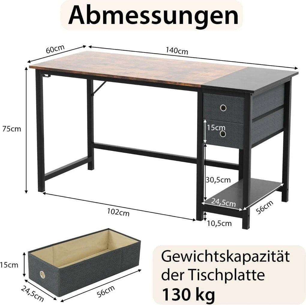 Costway 140 cm dlouhý stůl se 2 zásuvkami, háčkem na sluchátka a úložným