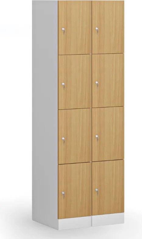 Šatní skříňka S1 s úložnými boxy, 4 boxy, 1850 x 300 x 500 mm, demont, cylindrický zámek, laminované dveře, buk