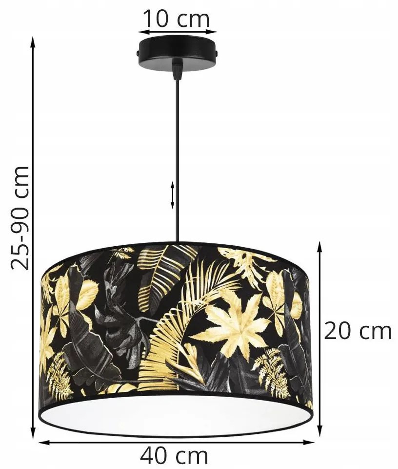 Závěsné svítidlo Gold Flowers, 1x černé textilní stínítko s květinovým vzorem, (fi 40cm)