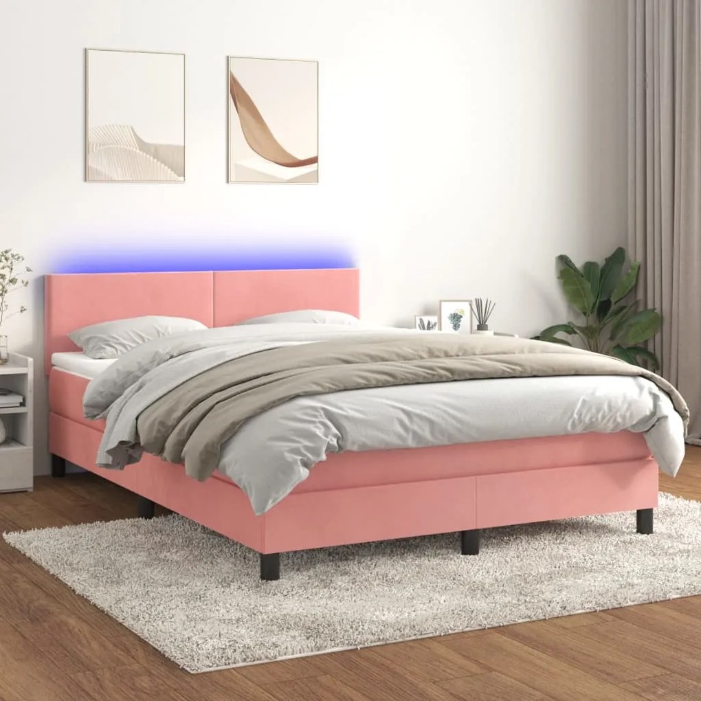Box spring postel s matrací a LED růžová 140x190 cm samet