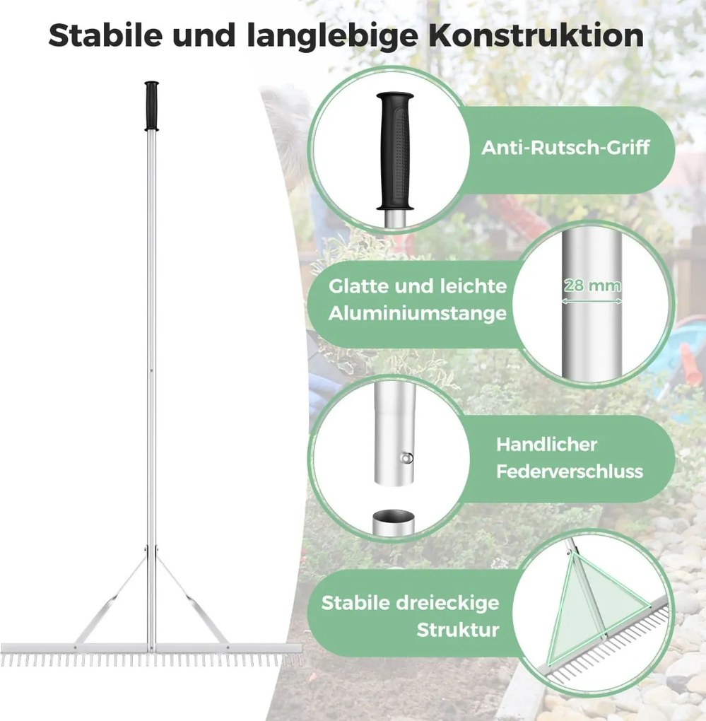 Costway Zahradní hrábě vyrobené z hliníku s 91 cm širokou hrací hlavou, stříbro