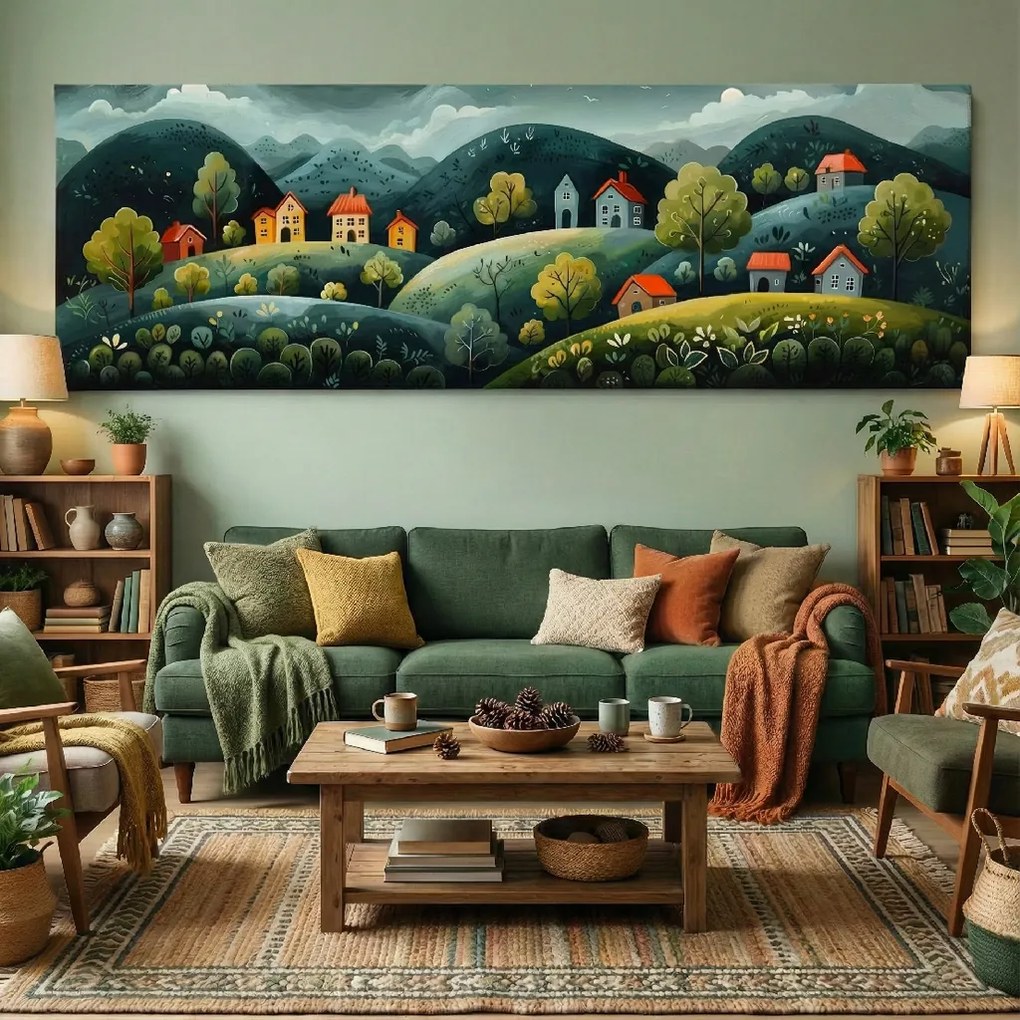 Obraz na plátně - Kopečky s vesnicí Viarel FeelHappy.cz Velikost obrazu (šířka x výška): 300 x 100 cm