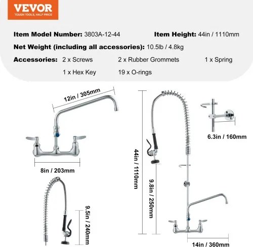 Komerční baterie s oplachovacím rozprašovačem, 111,8 cm výška, 20,3 cm střed, 30,5 cm