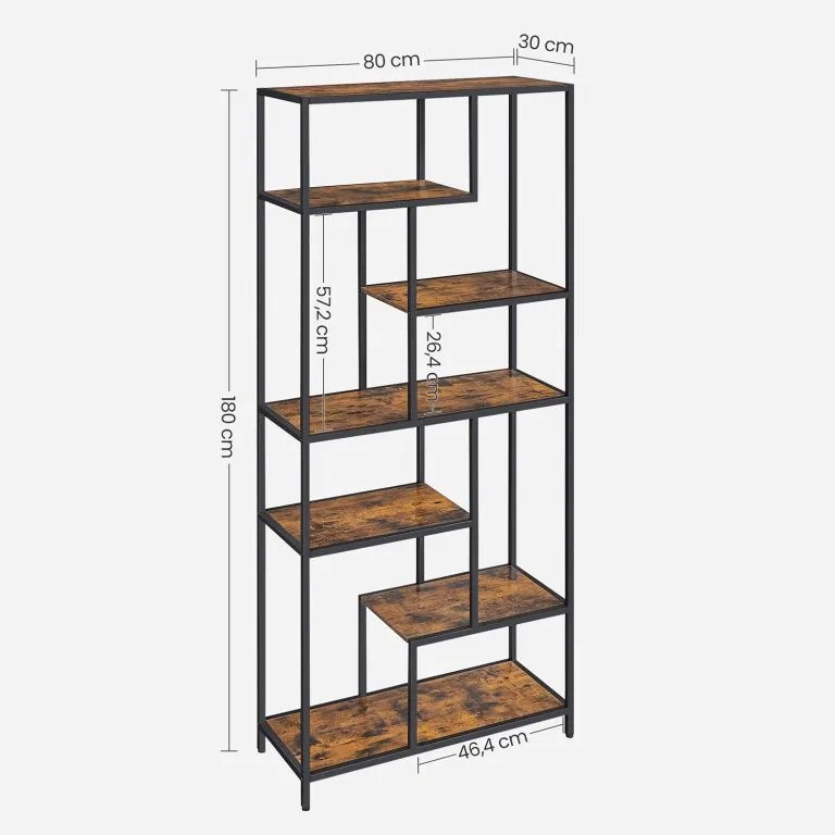 Industriální rustikální knihovna 180 cm, 6 polic