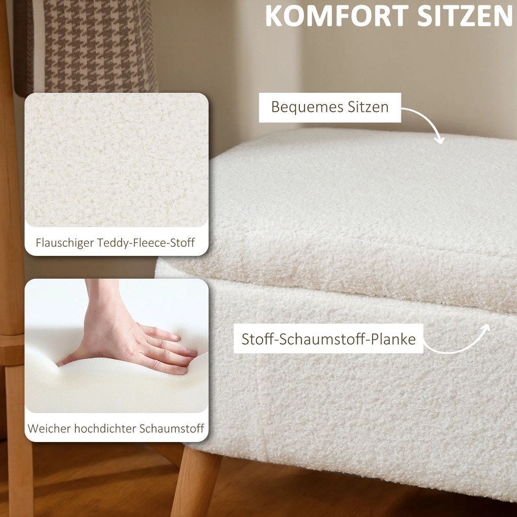 HOMCOM Úložná lavice, sedací lavice s úložným prostorem 65 l, materiál teddy-fleece, kaučukové dřevo, 120 x 42 x 45 cm, krémově bílá